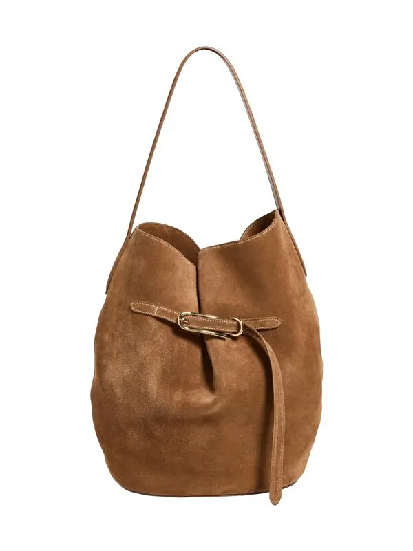 LIFFNER Large Belted Suede Bucket Bag - Saddle Brown Gold Hardware