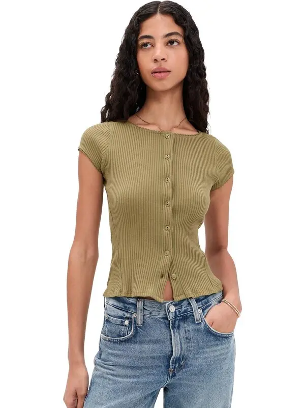 Free People Ribbed Button-down Cardigan - Green