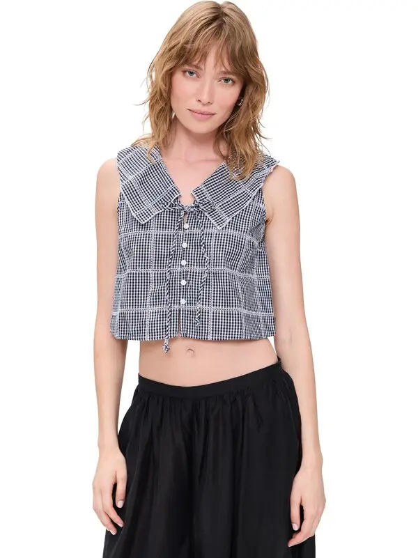 Free People Gingham Check Embroidered Eyelet Top - Navy Combo