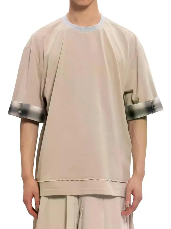 FENG CHEN WANG Checked-cuff Layered-hem T-shirt - Neutrals