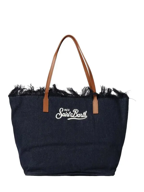 MC2 SAINT BARTH Cotton Blend Shoulder Bag With Logo And Fringe - Blue 1