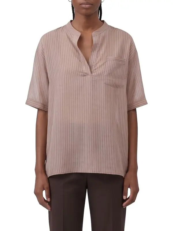 ROBERTO COLLINA Striped Shirt With Band Collar - Brown