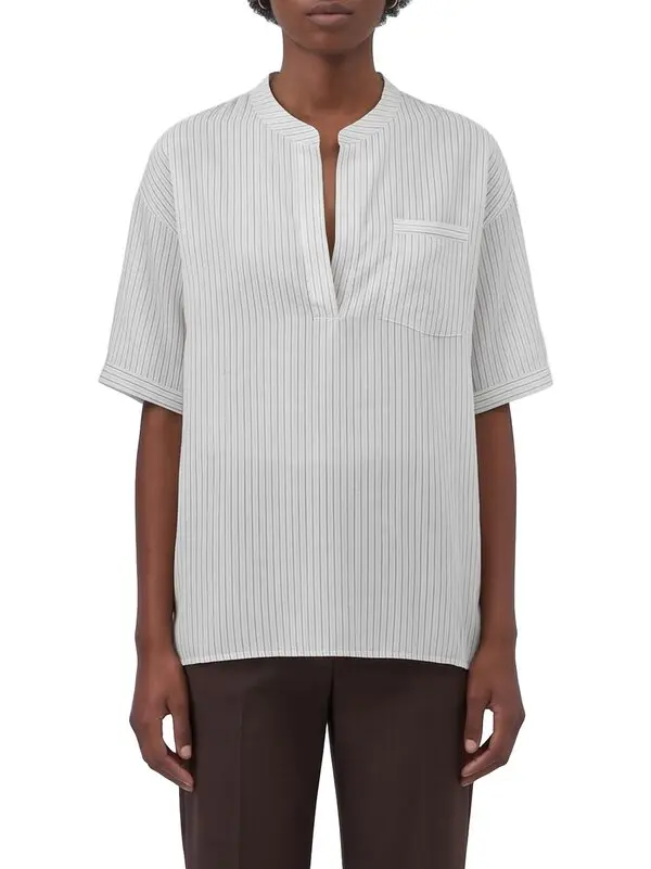 ROBERTO COLLINA Striped Shirt With Band Collar - Ice