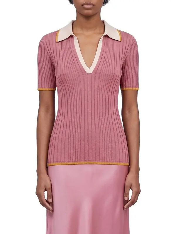 ROBERTO COLLINA Ribbed Knit Polo Shirt - Brick Red