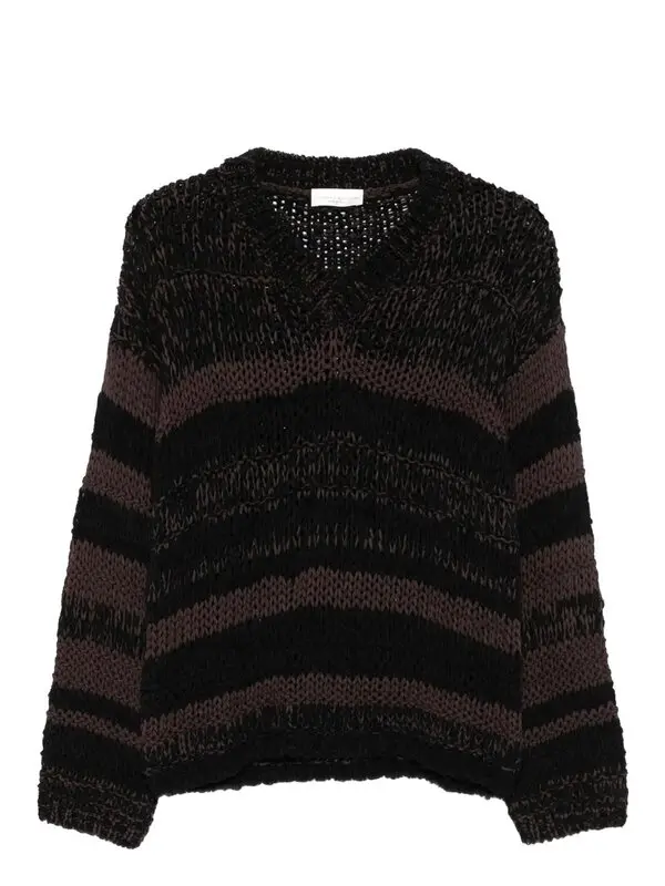 ROBERTO COLLINA Chunky-knit Striped V-neck Sweater - Black