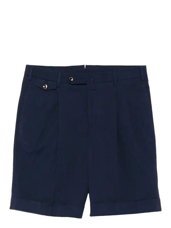 PT TORINO Pleated Seersucker Cotton Shorts - Blue