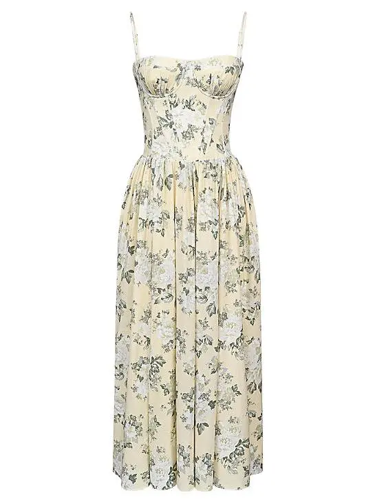 House Of Cb Floral Cotton Midi Dress - Lemon Floral