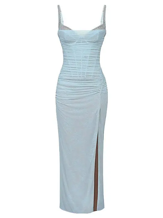 House Of Cb Lini Corset-bodice Stretch-mesh Maxi Dress - Baby Blue