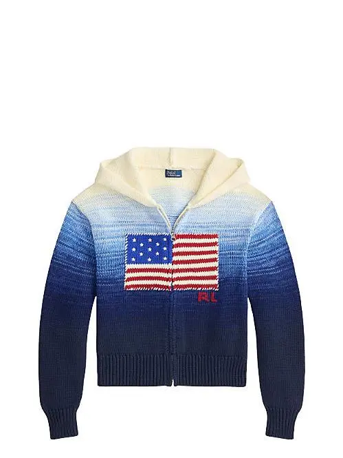 Polo Ralph Lauren Flag-intarsia Zipped Cotton-knit Hoodie - White/royal Blue