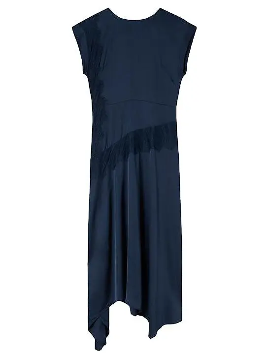 Whistles Lace Insert Asymmetric Hem Satin Midi Dress - Navy