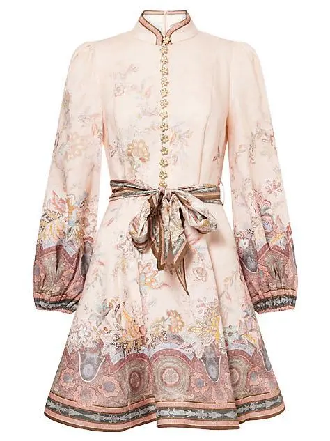 Zimmermann Alchemy Belted Floral-print Linen Mini Dress - Pink Paisley