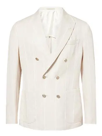 Eleventy Double-breasted Pinstripe Cotton And Linen-blend Jacket - Sand