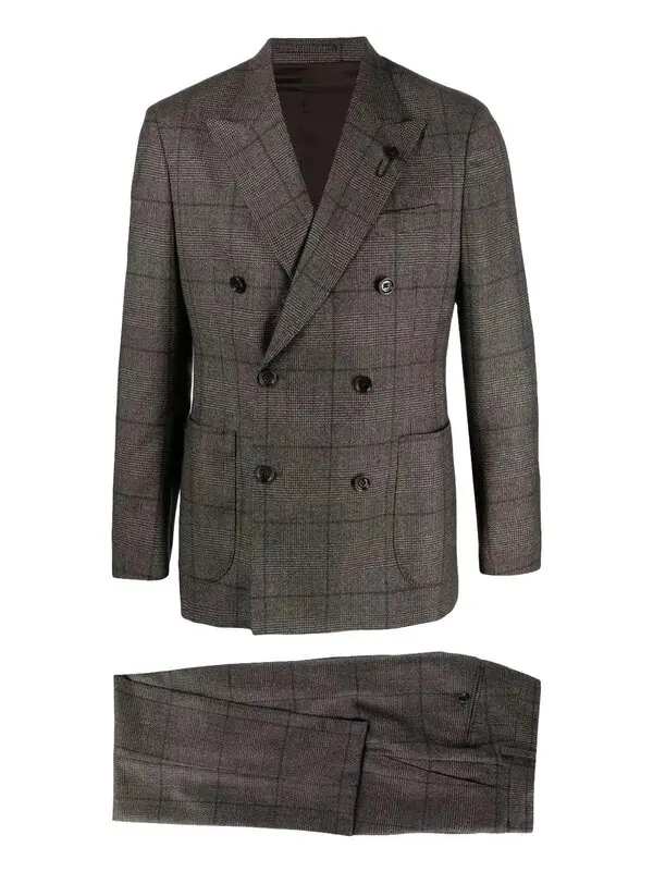 LARDINI Plaid-check Double-breasted Wool Suit - Brown