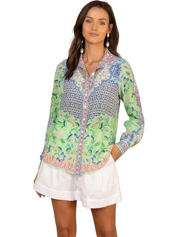 Hale Bob Inez Silk Patchwork Blouse - Green