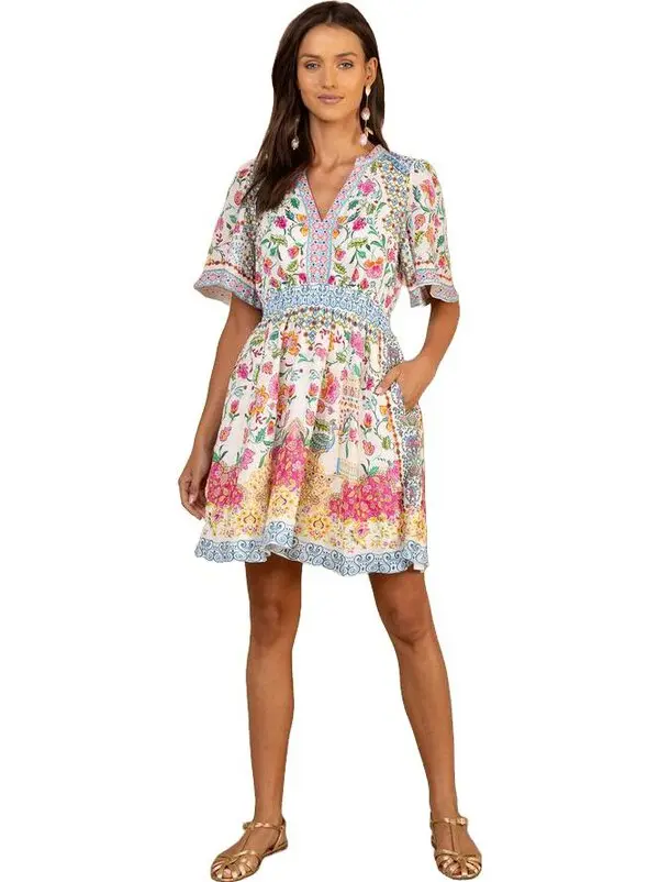 Hale Bob Charity" Washed Linen Dress With Floral Print And Smocked Waist - Neutral