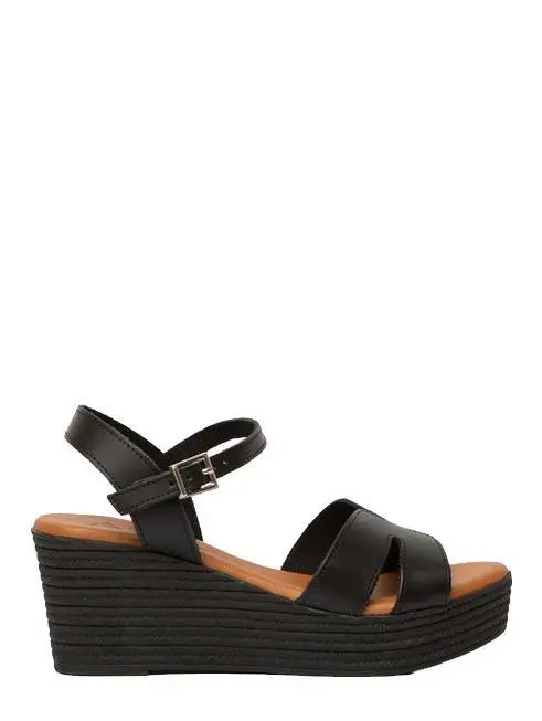 MENINA STEP Leather Mid Wedge Sandals - Black