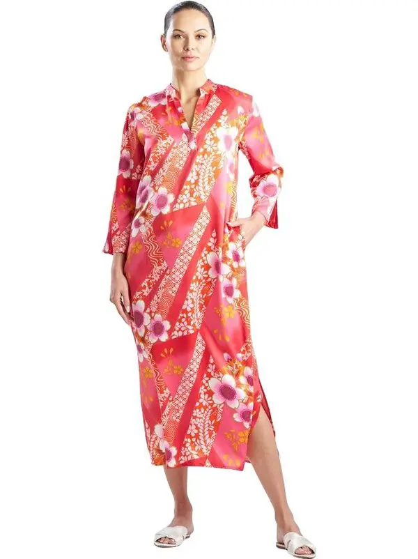 Natori Magnolia Printed Satin Caftan - Red