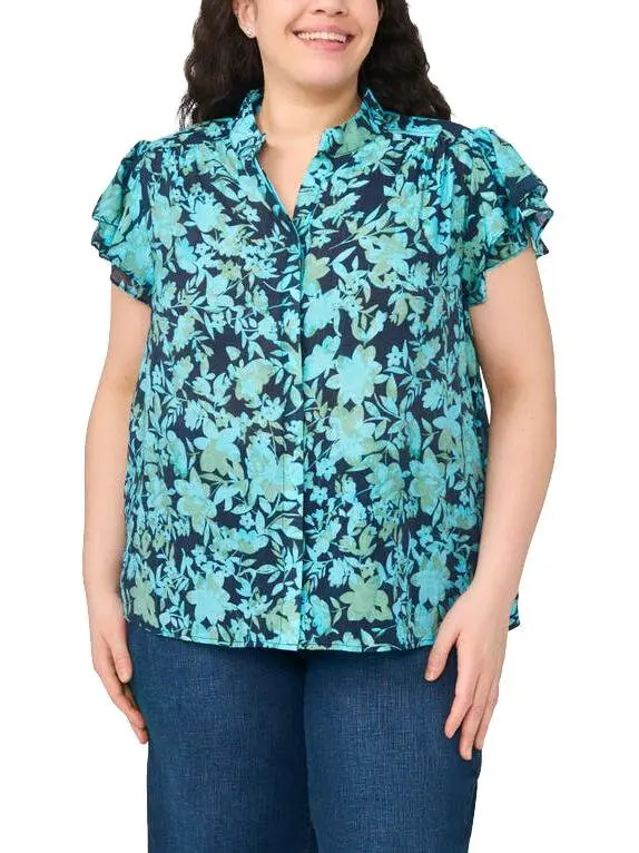 CECE DUPRAZ Floral Flutter Sleeve Button-up Shirt - Classic Navy