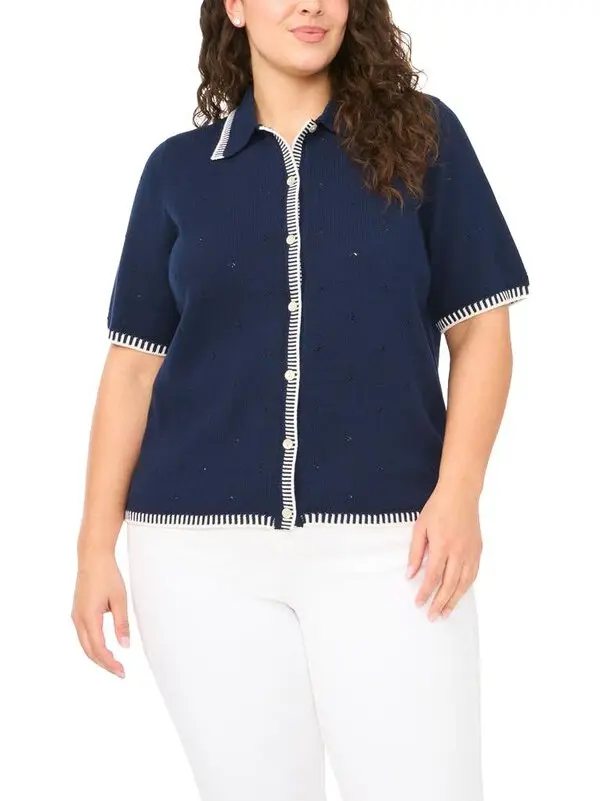 CECE DUPRAZ Pointelle Cotton Button-up Sweater - Classic Navy