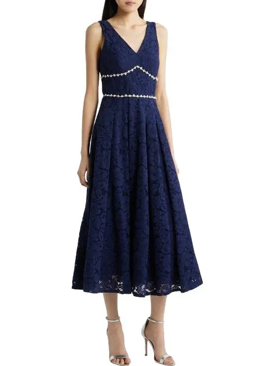 TAHARI ASL Floral Lace Cocktail Midi Dress With Faux Pearl And Rhinestone Detail - Navy