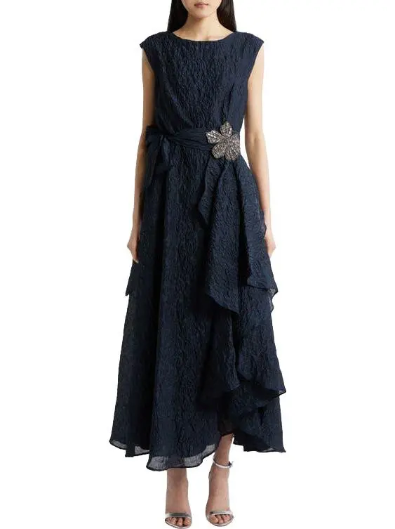 TAHARI ASL Beaded Flower Crinkled Taffeta Maxi Dress - Navy
