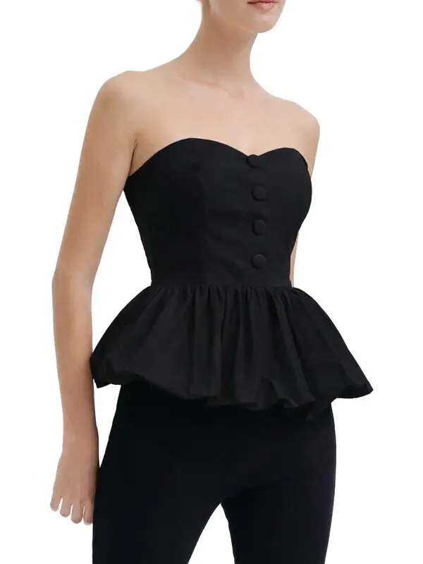 MAUDE CLUB Wyatt Strapless Cotton Bubble Hem Peplum Top - Black