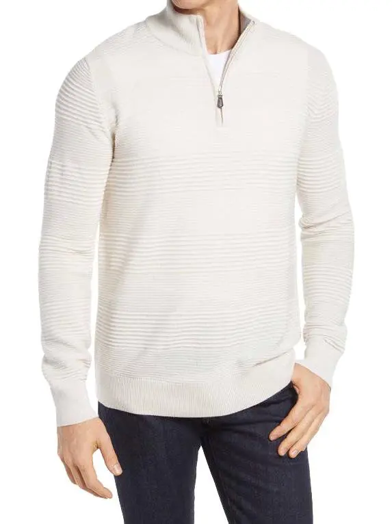 Bugatchi Stripe Merino Wool Blend Quarter Zip Pullover - Oyster