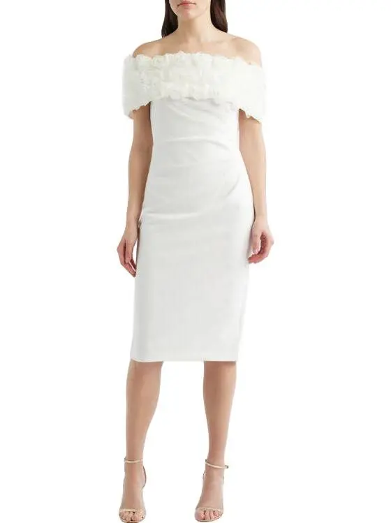 Eliza J Floral Appliqué Off-the-shoulder Scuba Crepe Sheath Dress - Ivory