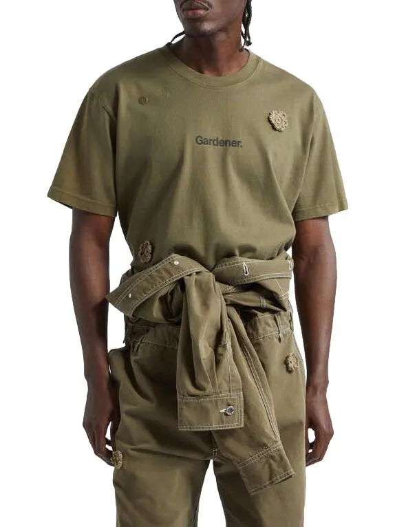 SONG FOR THE MUTE X Birkenstock The Gardener Crochet Flower Long Sleeve Drill Jumpsuit - Army Green