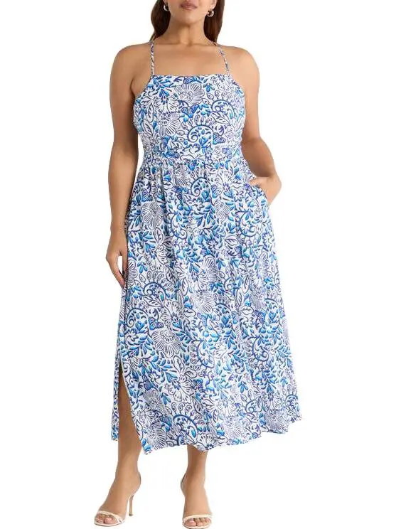 SUGARLIPS Floral Crisscross Midi Dress - White Blues