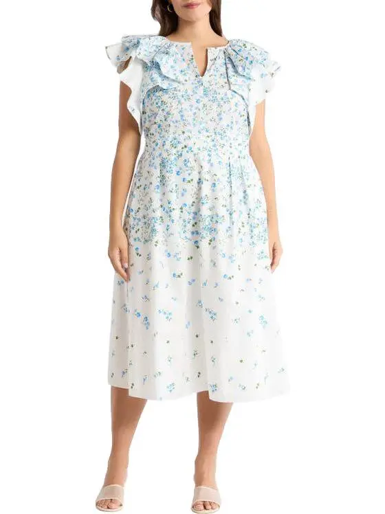 SUGARLIPS Floral Ruffle Flutter Sleeve Midi Dress - White Blue Green