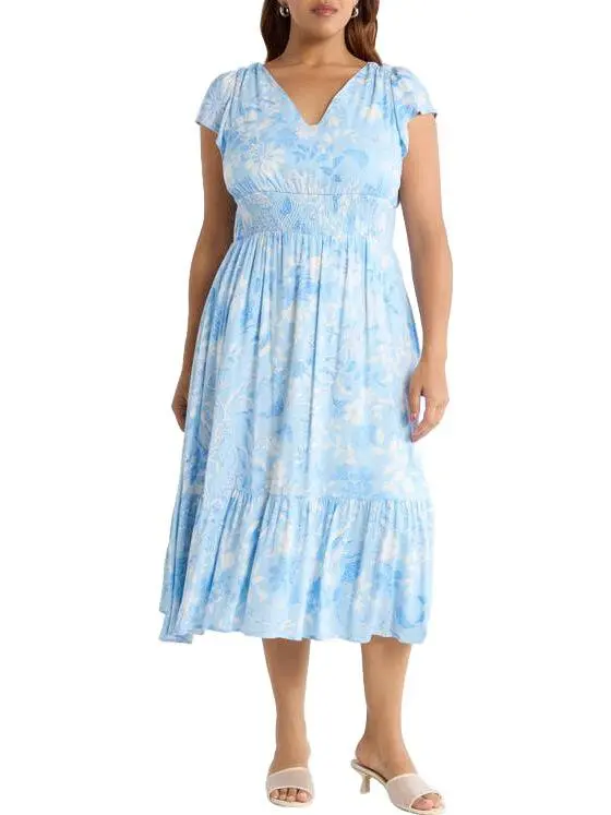 SUGARLIPS Seraphina Floral Maye Smocked Midi Dress - White-blue-multi