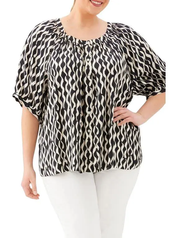 Karen Kane Satin Button-up Peasant Top - Print