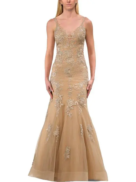 LABOMME Mermaid Gown With Lace Applique - Light Gold