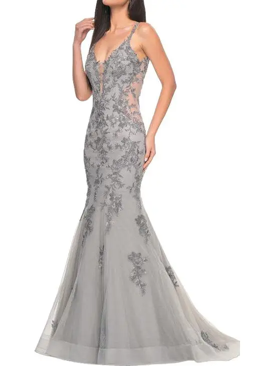 LABOMME Mermaid Gown With Lace Applique - Silver