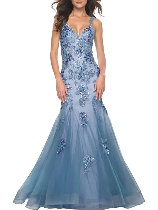 LABOMME Mermaid Gown With Sequin Lace Appliqu - Slate Blue