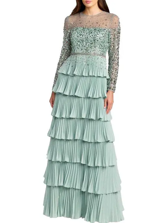 Mac Duggal Crepe Ruffled Long Sleeve Evening Gown - Sage
