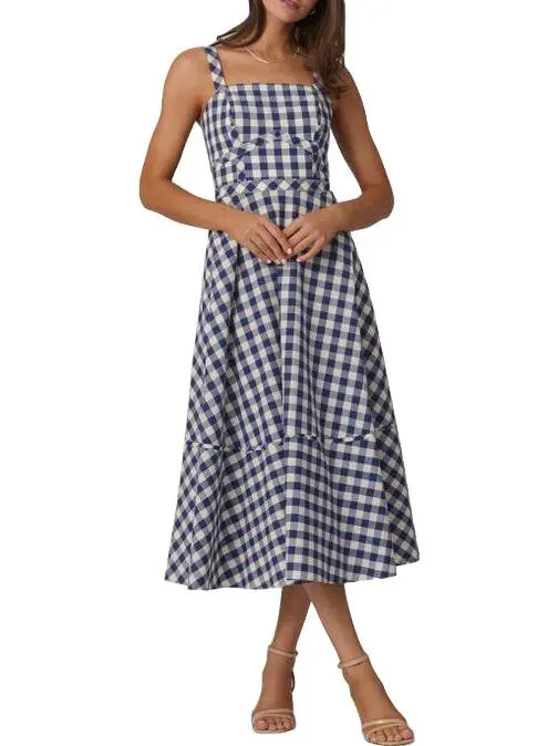 Shoshanna Gingham Kaydence Midi Dress - Navy/optic