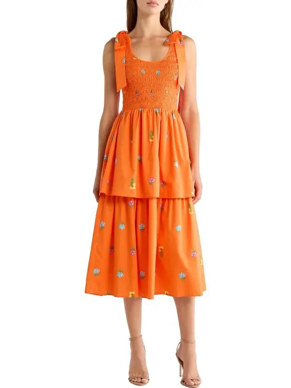SUGARLIPS Kasia Sleeveless Smocked Midi Dress - Orange-multi