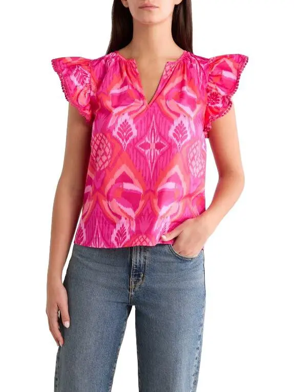 SUGARLIPS Prissa Ikat Carya Ruffle Sleeve Top - Magenta-coral