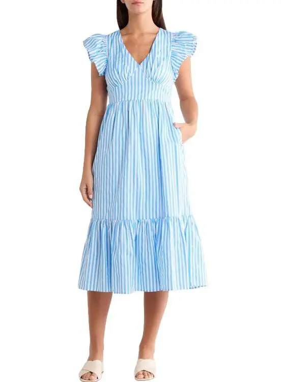 SUGARLIPS Striped Cotton Dress With Ruffle Sleeves - Blue-wht-stripe