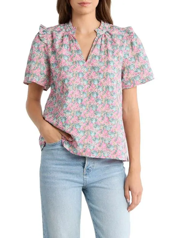 SUGARLIPS Eyelet Split-neck Top - Pink-green