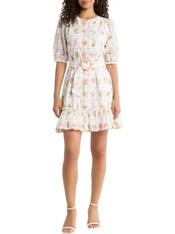 SUGARLIPS Floral Belted Cotton Button-up Minidress - Coral-multi