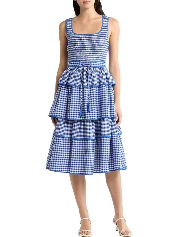 SUGARLIPS Vanna Gingham Tiered Midi Dress - Blue White