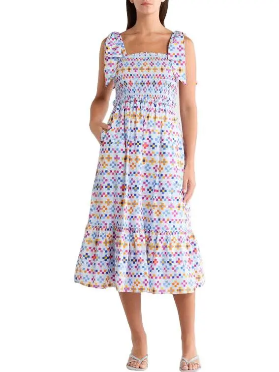 SUGARLIPS Kessa Mitzy Geo Smocked Midi Dress - Light-blue-multi