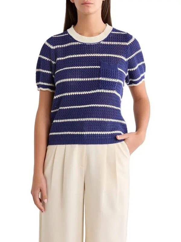 SUGARLIPS Dannah Stripe Open Knit Sweater - Navy-cream