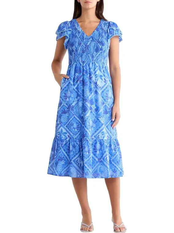 SUGARLIPS Kaidy Tropical Print Midi Dress - Blue Multi
