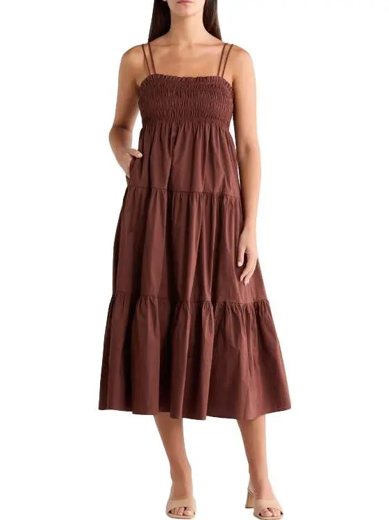 SUGARLIPS Gennie Smocked Tie Cotton Midi Dress - Brown
