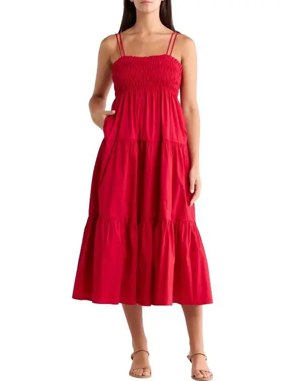 SUGARLIPS Gennie Smocked Tie Cotton Midi Dress - Red