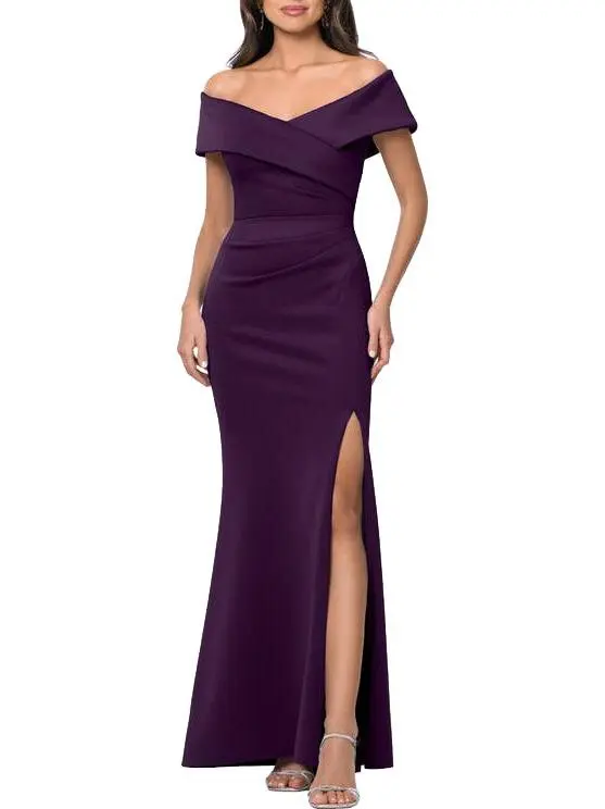 XSCAPE EVENINGS Long Ruched Scuba Gown - Plum